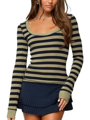 EDIKTED Striped Long Sleeve Top - Olive