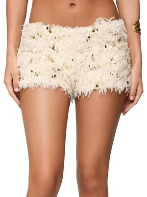 EDIKTED Faux Feather Sequin Micro Shorts