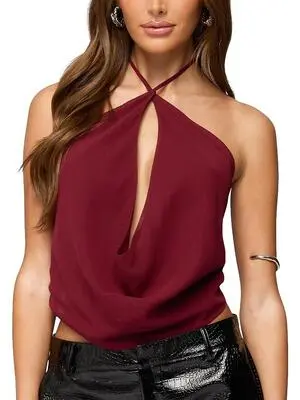 EDIKTED Chiffon Backless Cowl Neck Top - Burgundy
