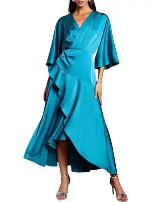 Coast Satin Crepe Ruffle Wrap Midi Dress - Teal