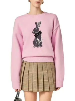 English Factory Embellished Intarsia Bunny Crewneck Sweater - Pink/black