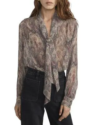 FRAME Paisley Tie Neck Silk Shirt - Ecru Multi