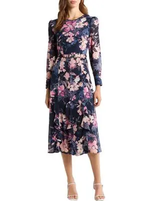 TAHARI ASL Floral Belted Ruffle Hem Midi Dress - Navy Peri Floral