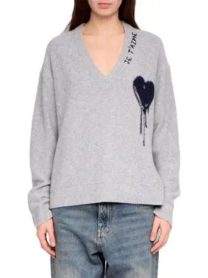 Zadig&Voltaire Miky Z Heart Appliqué Cashmere V-neck Sweater - Gris Chine Clai