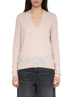 Zadig&Voltaire Rivy Rhinestone Embellished Cashmere V-neck Sweater - Pearly