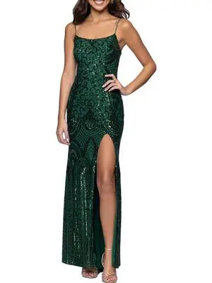 BLONDIE NITES Sequin Scroll Detail Body-con Gown - Hunter