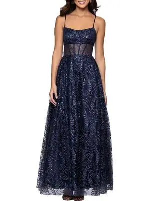 BLONDIE NITES Sequin And Mesh Gown - Navy