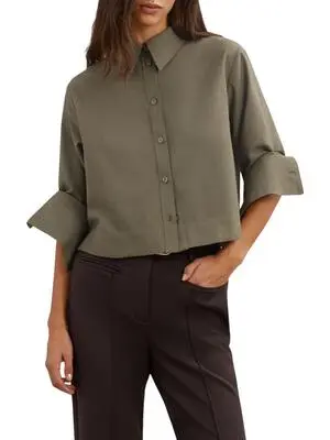 REISS Caylan Cotton & Wool Crop Button-up Shirt - Khaki Green