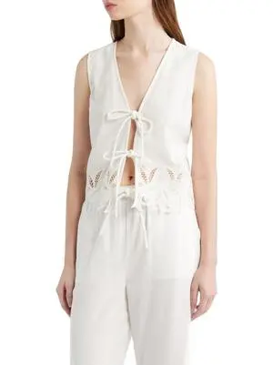 Rails Oregon Embroidered Eyelet Sleeveless Cotton & Linen Tie Front Top - White Palm Embroidery