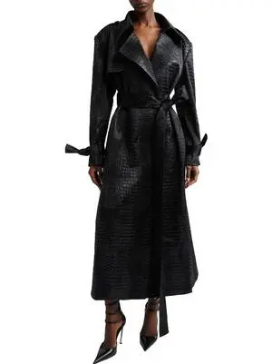 KIM SHUI Croc Embossed Faux Leather Trench Coat - Black
