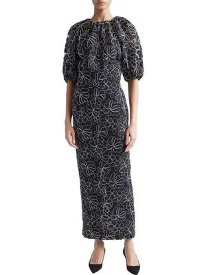 Lela Rose Naomi Floral Lace Column Dress - Black/ivory