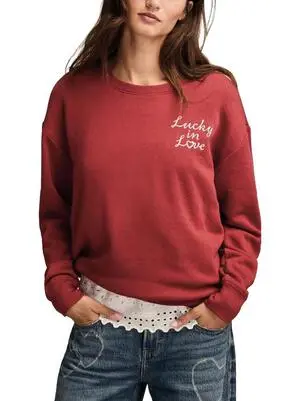 Lucky Brand Heart Embroidered Crewneck Sweatshirt - Red Dahlia