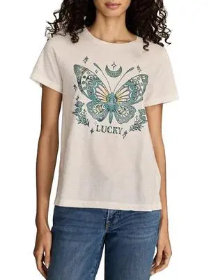 Lucky Brand Tattoo Beaded Butterfly Cotton T-shirt - Gardenia