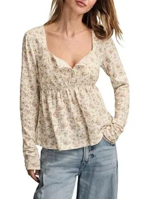 Lucky Brand Babydoll Henley Floral Top - Cream Floral