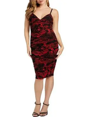 MARCIANO Passion Flower Ruched Body-con Dress - Medium Red