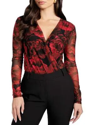 MARCIANO Passion Flower Mesh Bodysuit - Red/black
