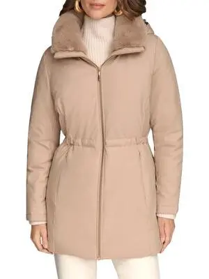 Donna Karan New York Lux Water Resistant Puffer Coat With Faux Fur Trim - Barley