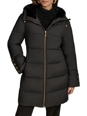 Donna Karan New York Water Resistant Hooded Down Puffer Coat - Black