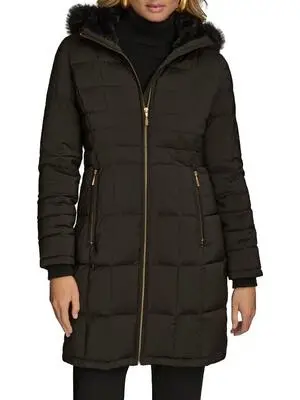 Donna Karan New York Water-resistant Puffer Coat With Faux Fur Trim - Black
