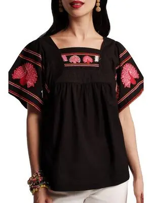 FRANCES VALENTINE Picnic Peacock Embroidered Top - Black/multi