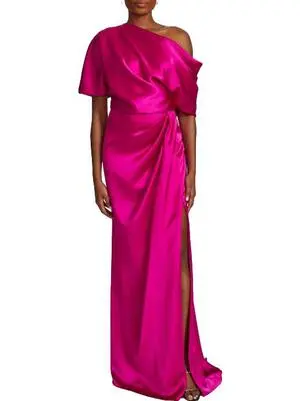 Amsale Fluid Satin Off-the-shoulder Gown - Fuchsia