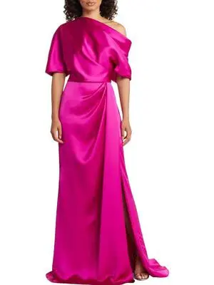 Amsale Gathered One-shoulder Satin Gown - Fuchsia