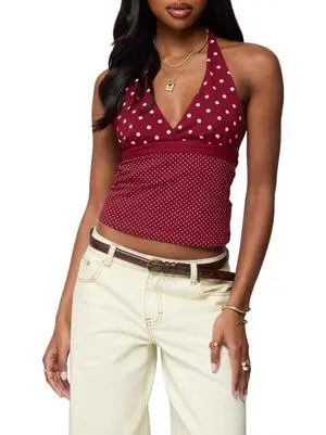 EDIKTED Polka Dot Halter Top - Burgundy