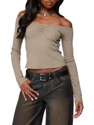 EDIKTED Off-the-shoulder Ribbed Top - Taupe