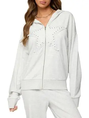 EDIKTED Briela Stud Detail Zip-up Cotton Blend Hoodie - Gray-melange