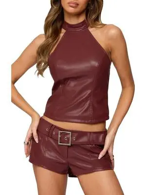EDIKTED Faux Leather Halter Top - Burgundy