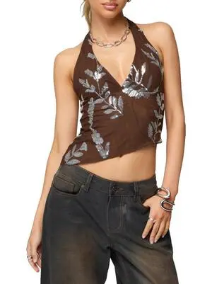 EDIKTED Sequin Floral Asymmetric Mesh Halter Top - Brown