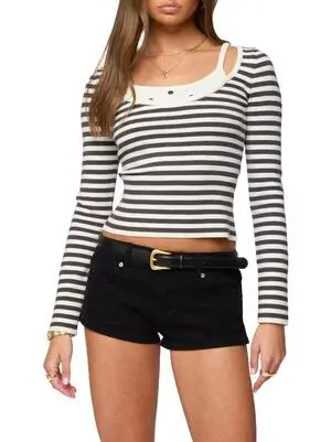 EDIKTED Striped Layered Long Sleeve Crop Top - Gray-and-white