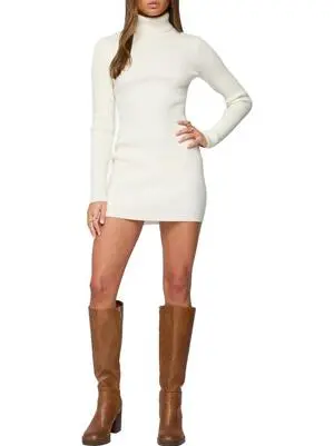 EDIKTED Ribbed Turtleneck Minidress - Cream