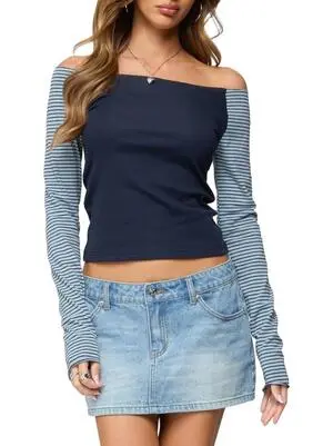 EDIKTED Contrast Stripe Off-the-shoulder Top - Navy