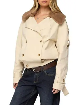 EDIKTED Cotton Trench Coat With Removable Faux Fur Collar - Beige