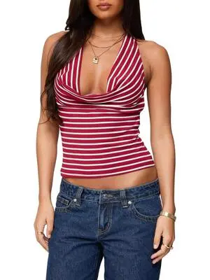 EDIKTED Striped Cowl Neck Halter Top - Red-and-white