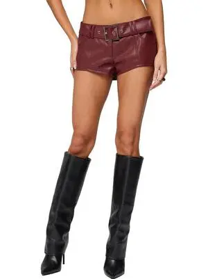 EDIKTED Alba Faux Leather Micro Shorts - Burgundy