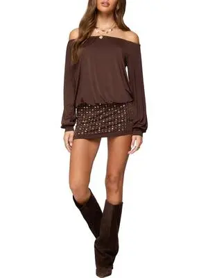 EDIKTED Studded Off-the-shoulder Backless Mini Dress - Brown