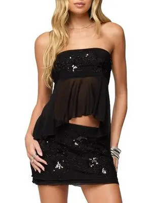 EDIKTED Sequin Detail Strapless Mesh Top - Black
