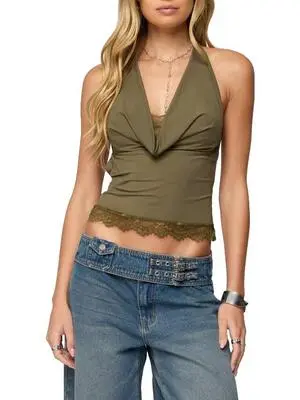 EDIKTED Layered Lace Trim Halter Top - Olive