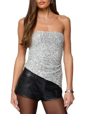 EDIKTED Sequin Strapless Top - Silver