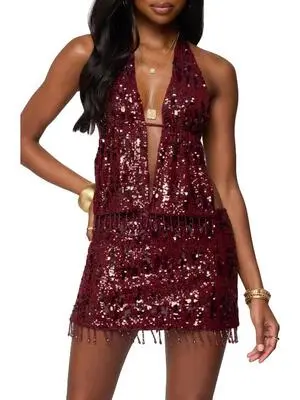EDIKTED Dalis Fringe Sequin Halter Top