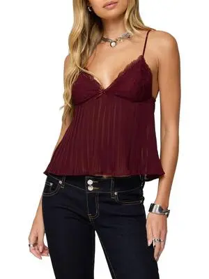EDIKTED Rhian Lace Trim Pleated Babydoll Top - Burgundy