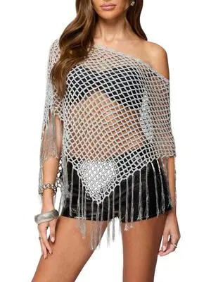 EDIKTED Metallic Fringe Poncho - Silver