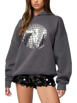 EDIKTED Disco Ball Graphic Hoodie - Gray