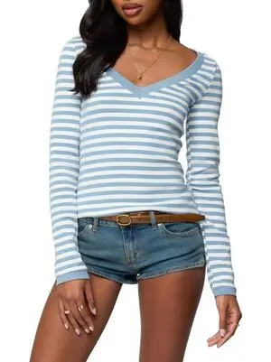 EDIKTED Kimi Stripe Long Sleeve Top - Blue-white