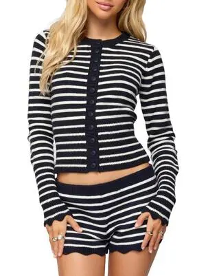 EDIKTED Striped Knit Cardigan - Navy-and-white