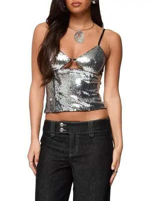 EDIKTED Sequin Keyhole Crop Camisole - Silver