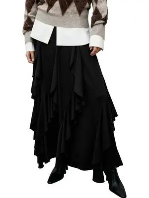 Mango Asymmetric Ruffle Midi Skirt - Black