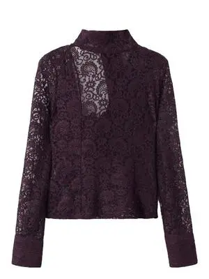 Mango Lace Mock Neck Top - Wine